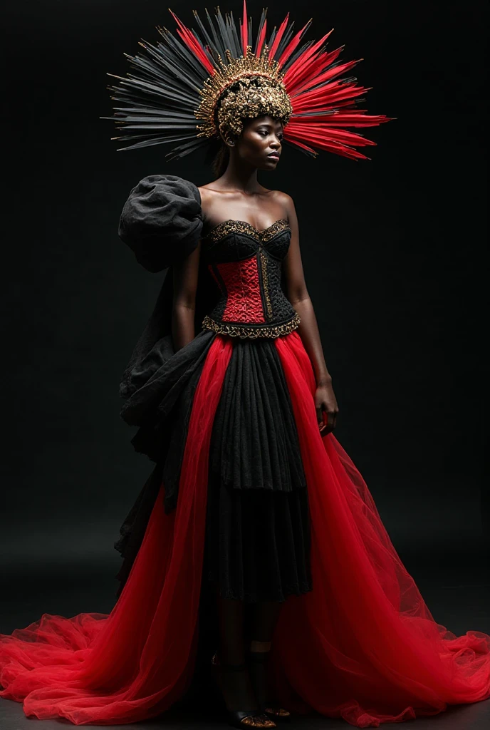 Avant-garde high fashion runway look, full body Black female model ...
