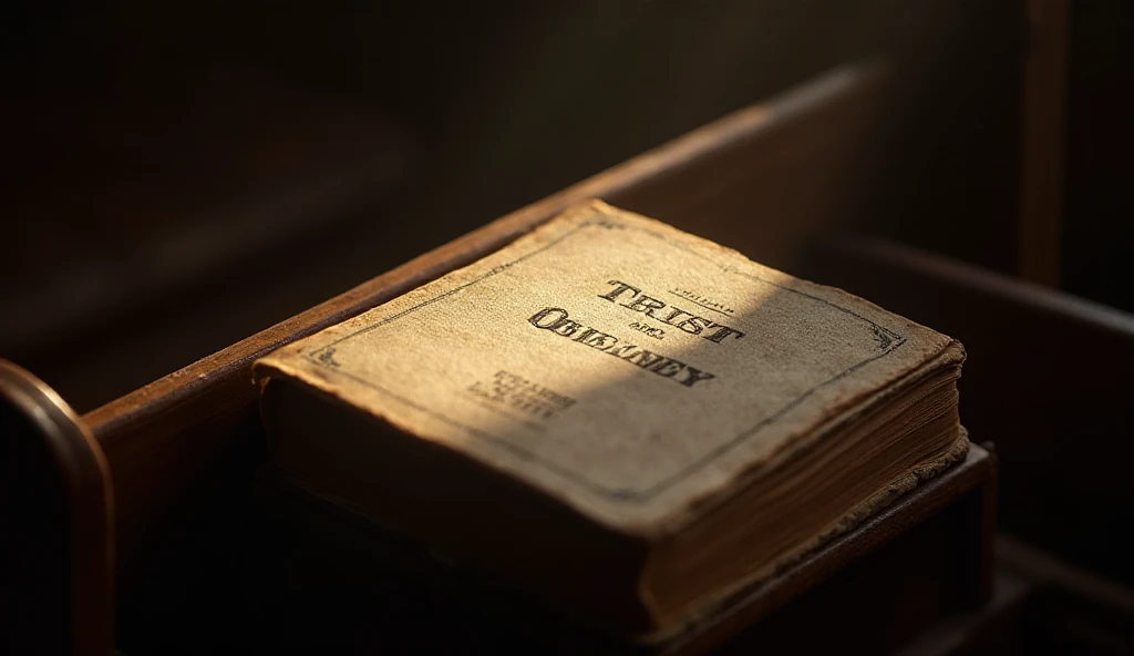 「Trust and Obey」と題された古い賛美歌集が木のベンチに置かれている、ウルトラリアルな8K画像, 表紙に柔らかく差し込む日光ととも ...