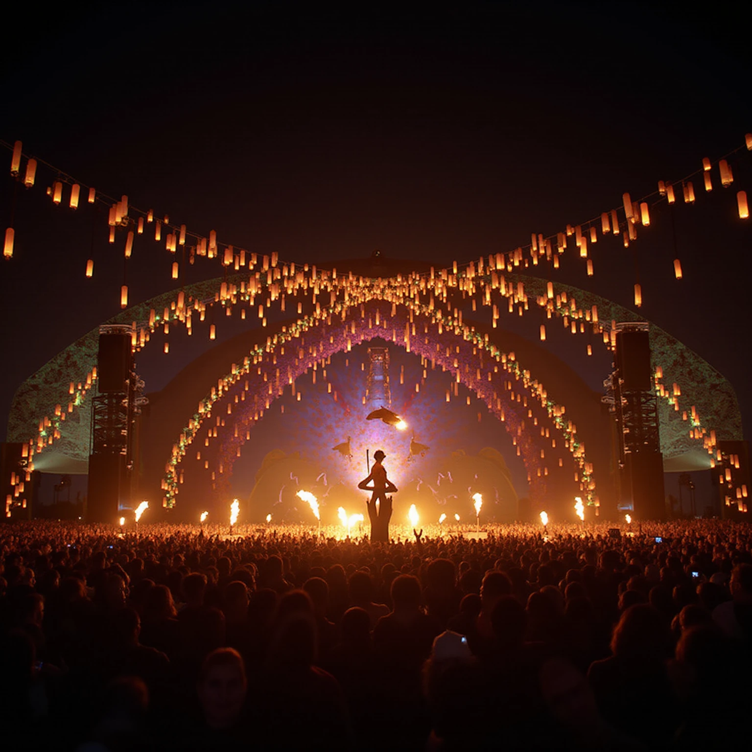 A magical festival stage at night, illuminated by hundreds of colorful ...