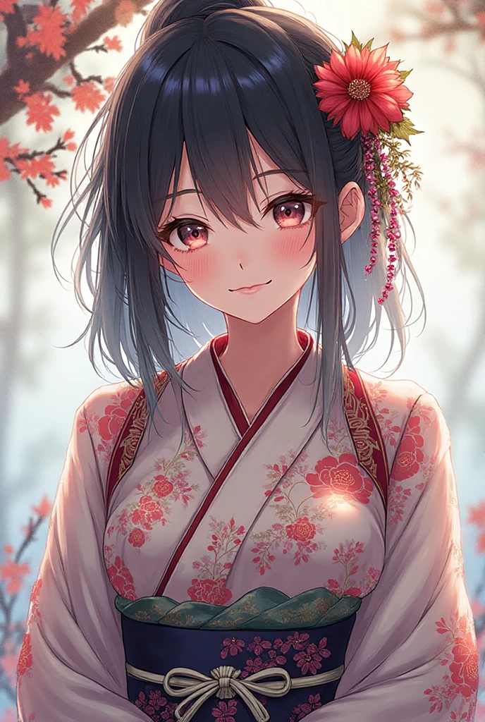 Portrait of Mitsuri Kanroji in elegant traditional attire, vibrant ...