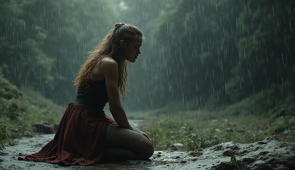 A couple of pictures of a woman kneeling on a stone, epic fight scene ...