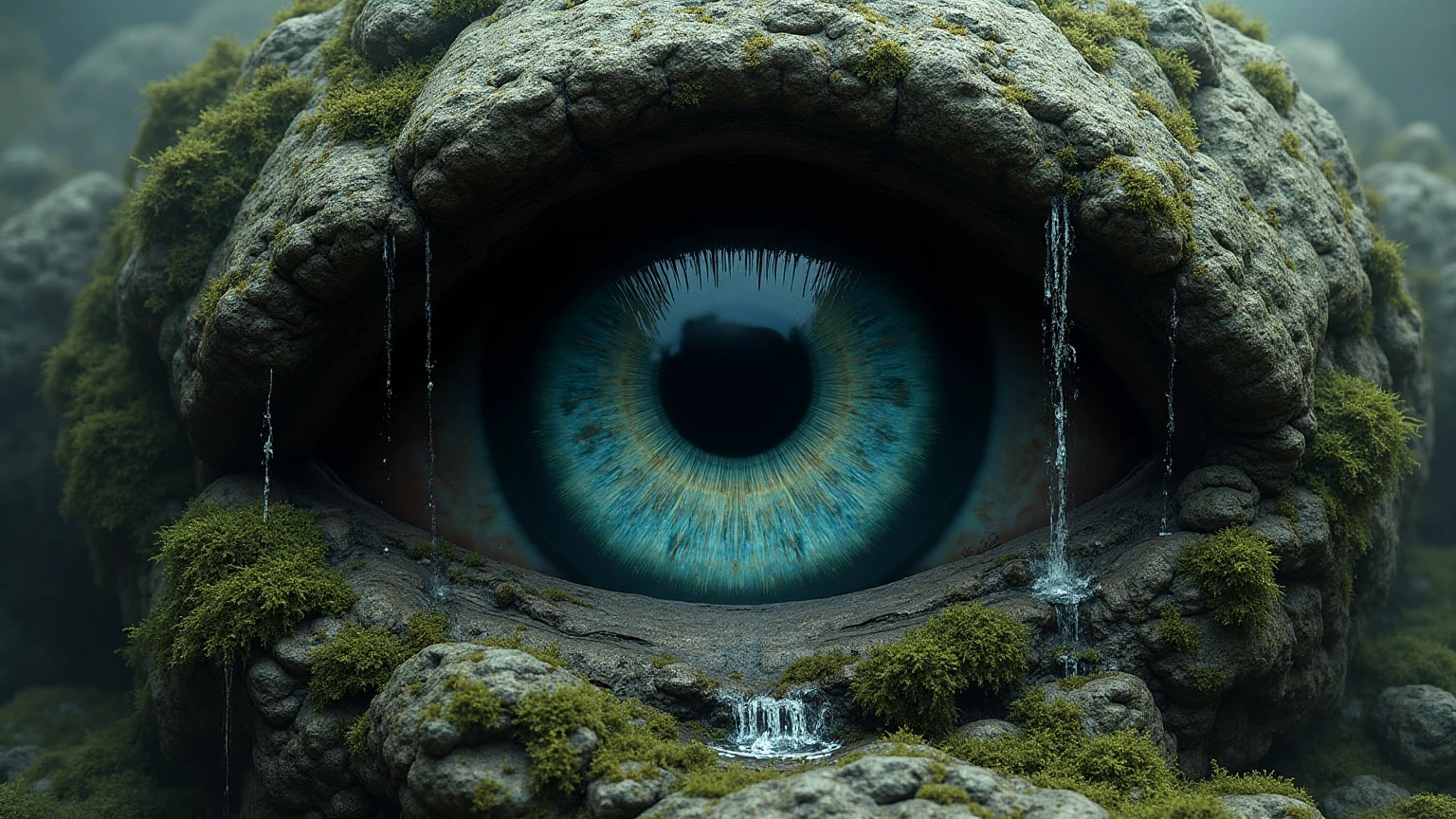 3. Ancient Divine Gaze A weathered stone eye the size of a mountain ...