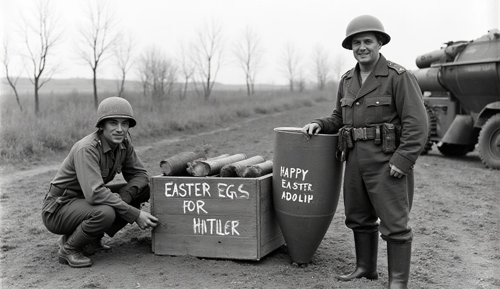 The photograph is a black and white wartime image showing two soldiers ...