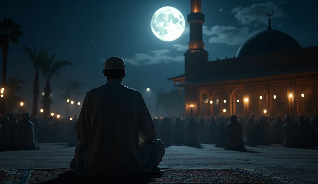 A Muslim man praying alone at night under the full moon, wearing ...