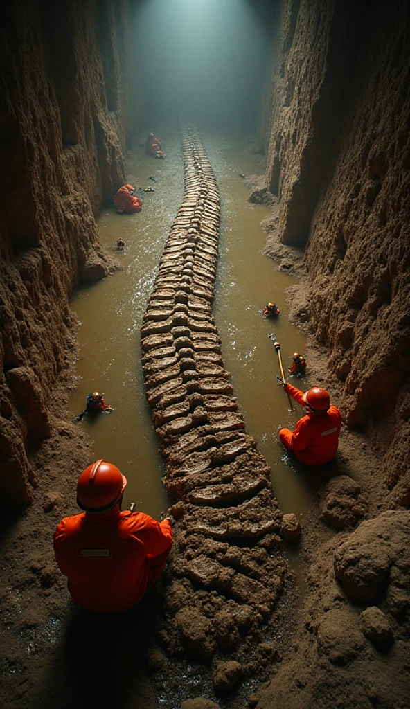 Wide view: archaeologists red safety suits and helmets kneel in a ...