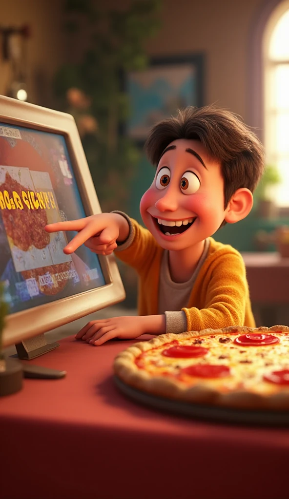Person pointing to screen saying “Comment below!” with pizza background ...