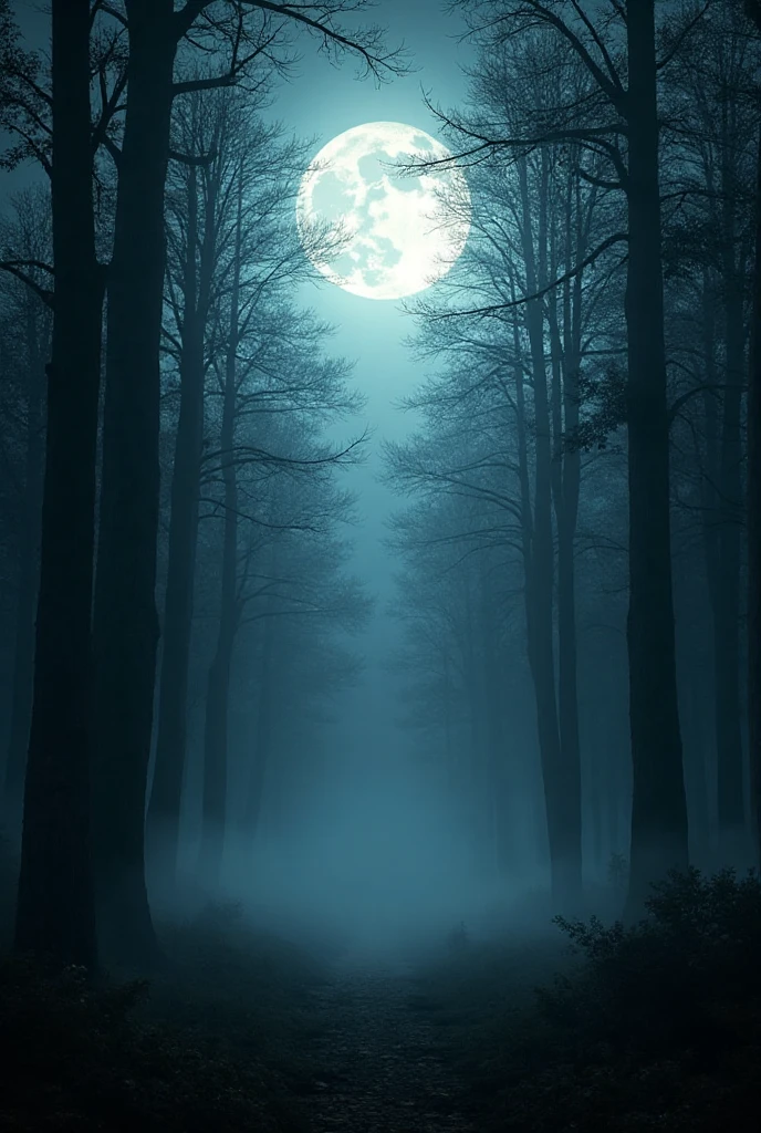 “Dark misty forest under full moon, tall trees, heavy fog, cinematic realism - SeaArt AI