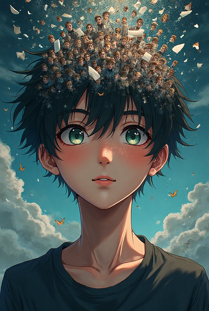A young man with a fragmented inner world, floating fragments of ...