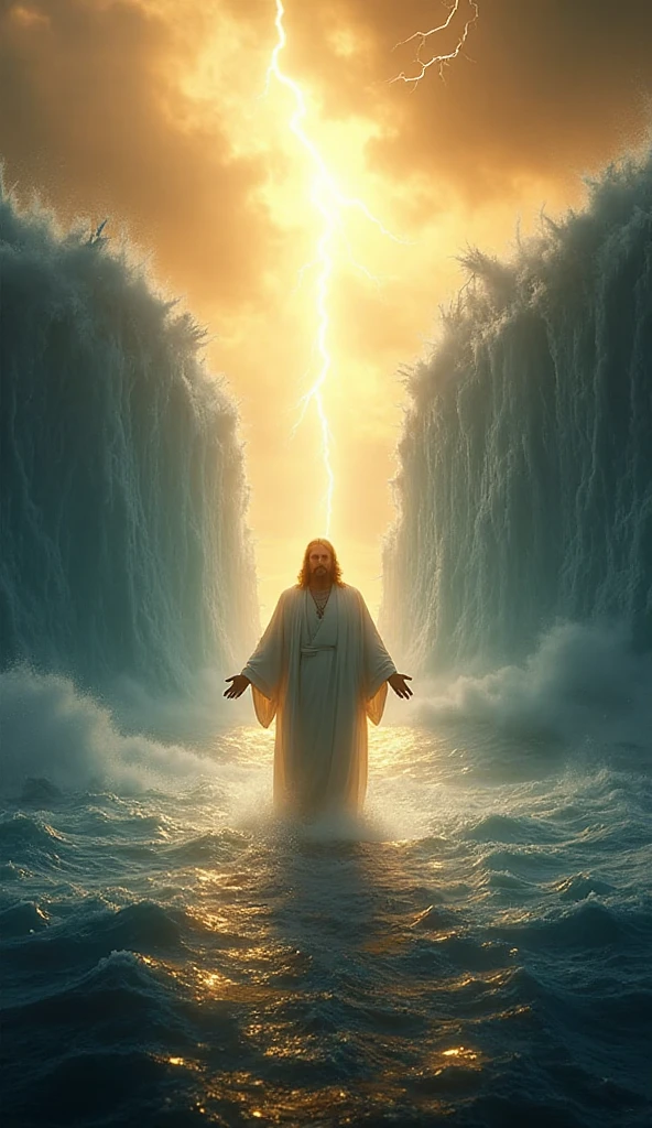 Jesus Christ standing at the center of the parted ocean, radiating ...