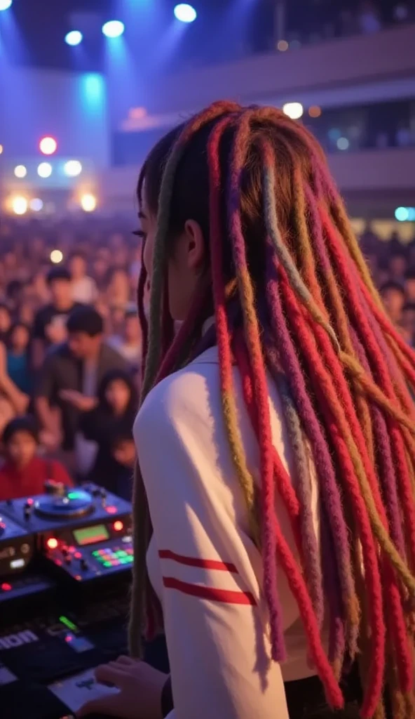 Warehouse party main stage、Female DJ with rainbow-colored dreadlocks ...