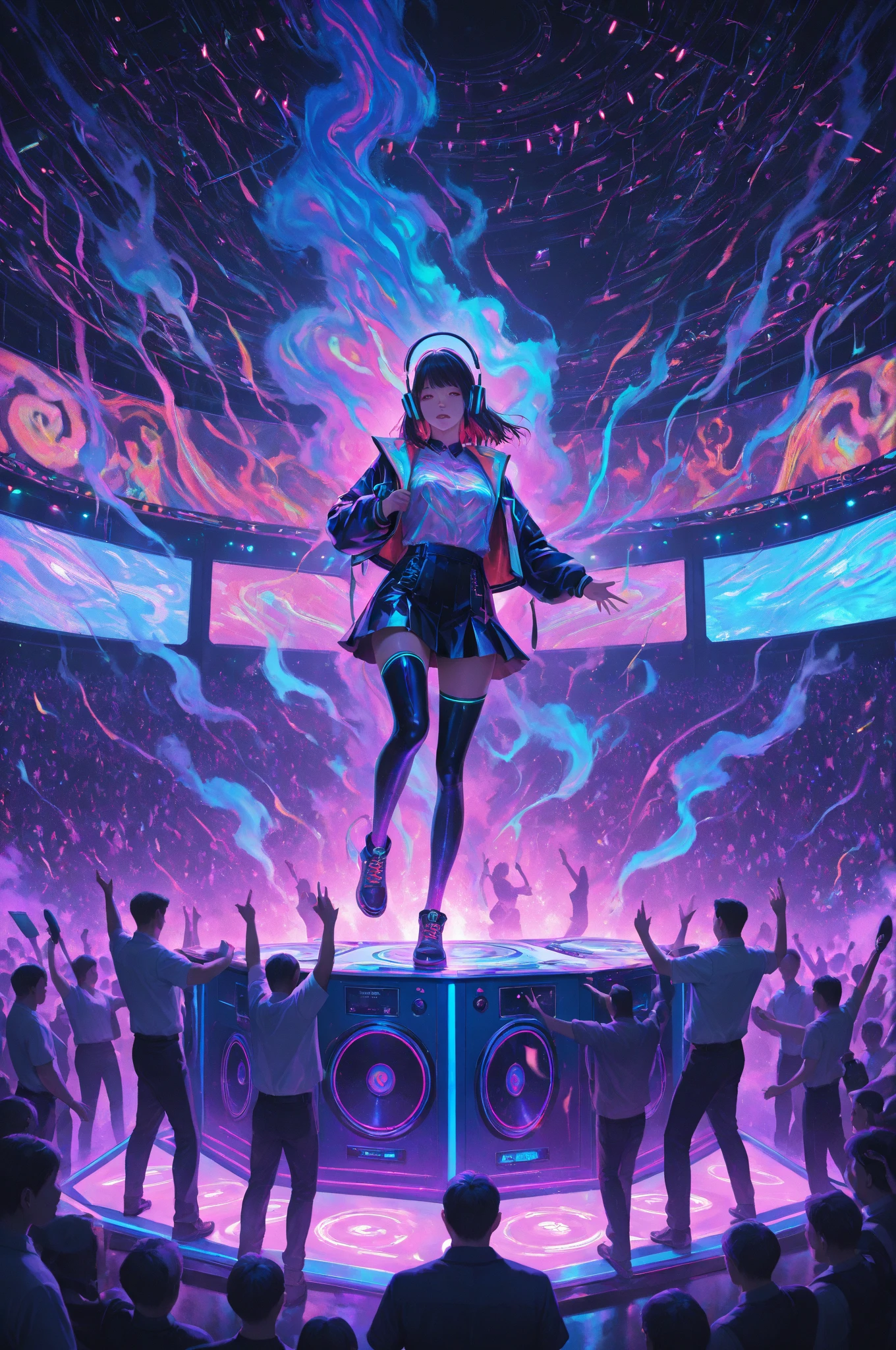 Different DJ with bright headphones, mixing music in a raised booth ...