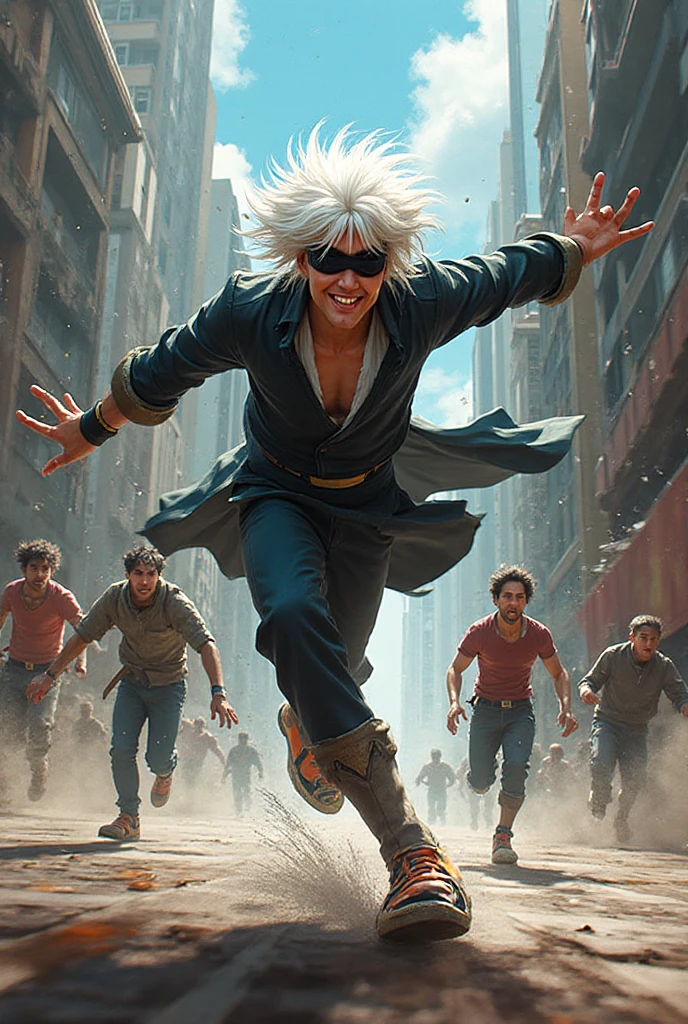 Make gojo with super sonic shoes and people chasing him, also make him ...