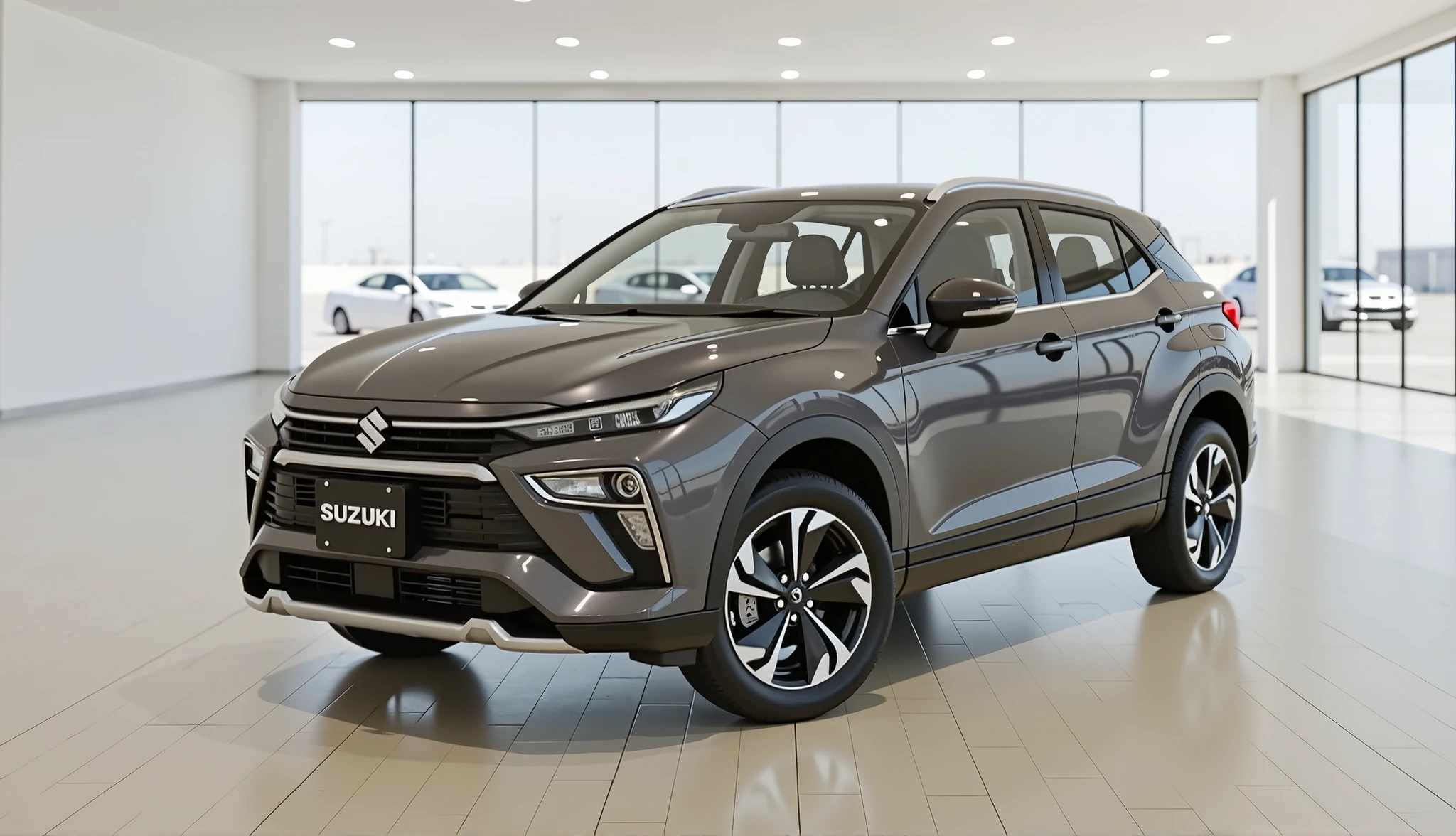 A modern, shadow grey new SUZUKI S-CROSS is centered in the image ...
