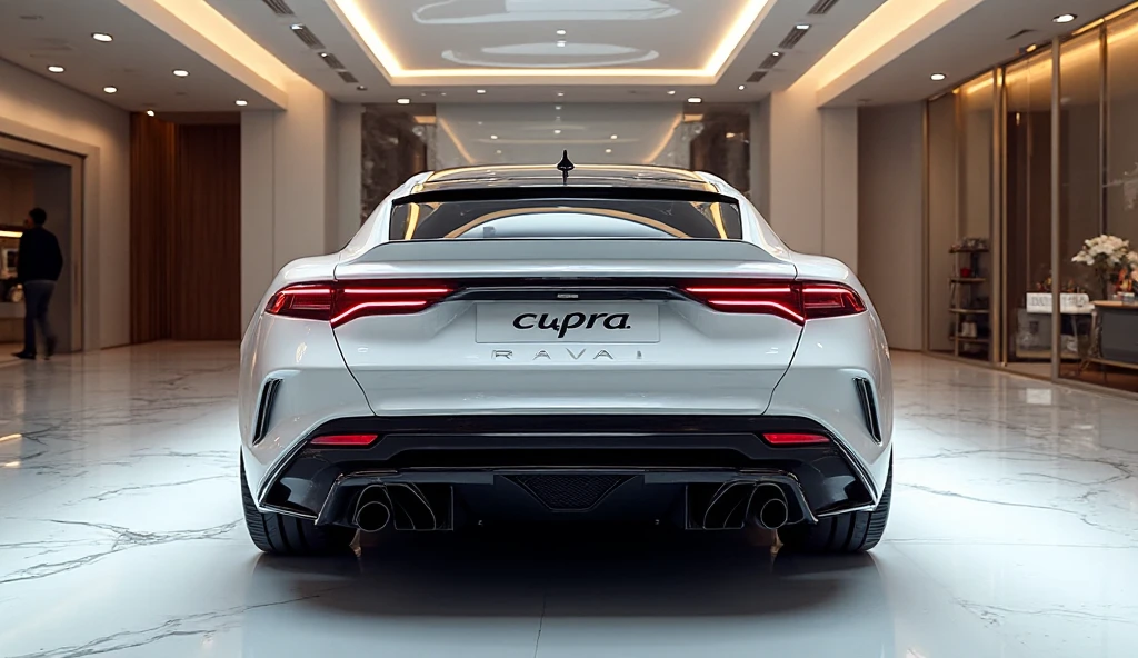 Ultra-realistic back view of cupra Raval inside a luxury clean showroom ...