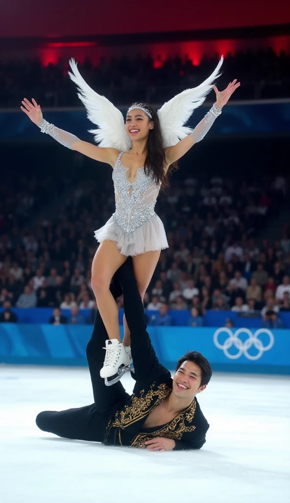 This photograph captures a dynamic and joyful moment during a figure ...