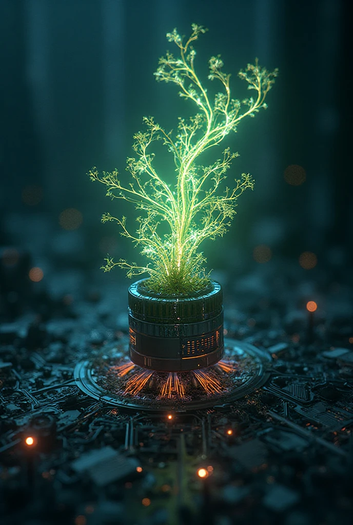 A microscope or tube from which a branching, luminous plant emerges ...