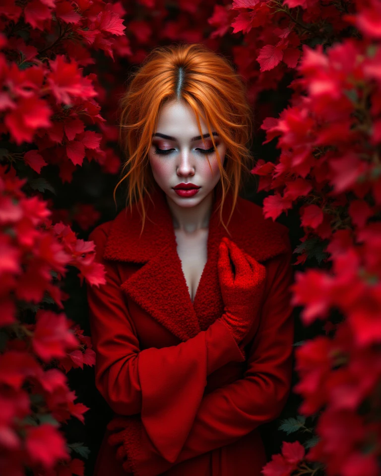 A beautiful woman standing surrounded by dense ivory foliage - SeaArt AI