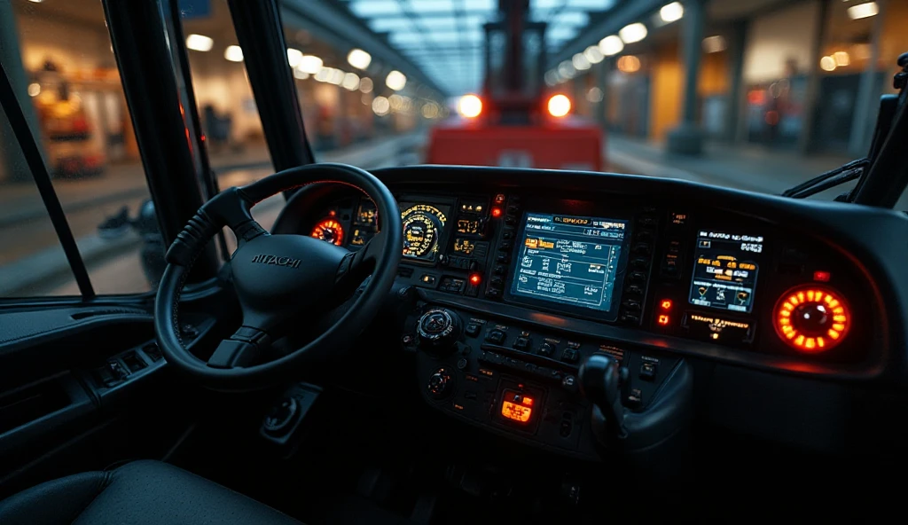 Hitachi excavator interior dashboard in black theme, close-up view ...