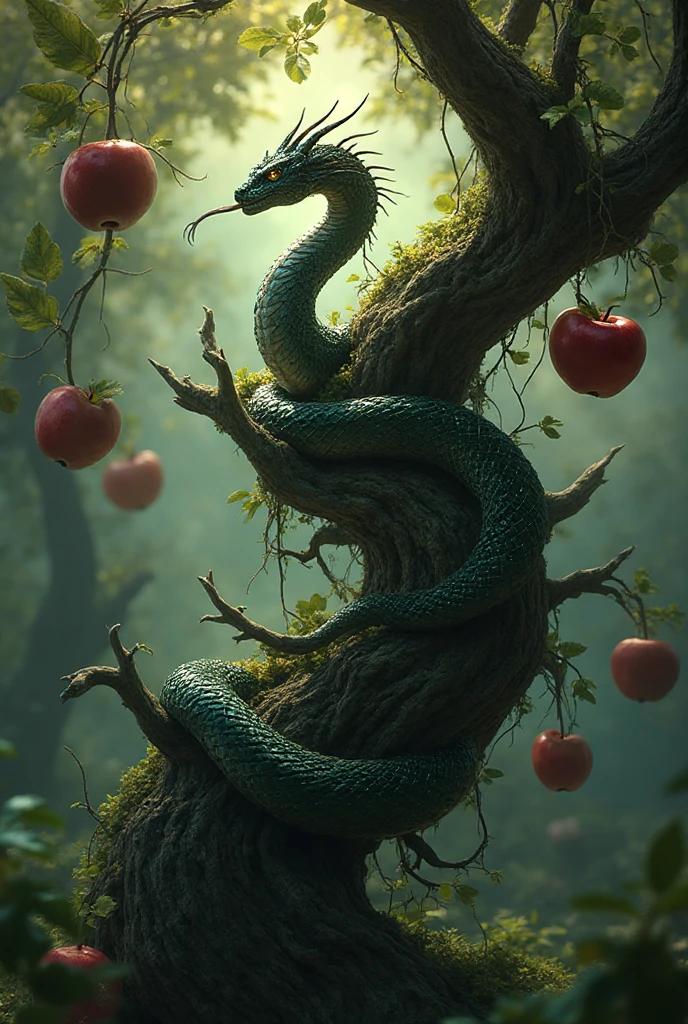A serpent with legs on the tree by the apple - SeaArt AI