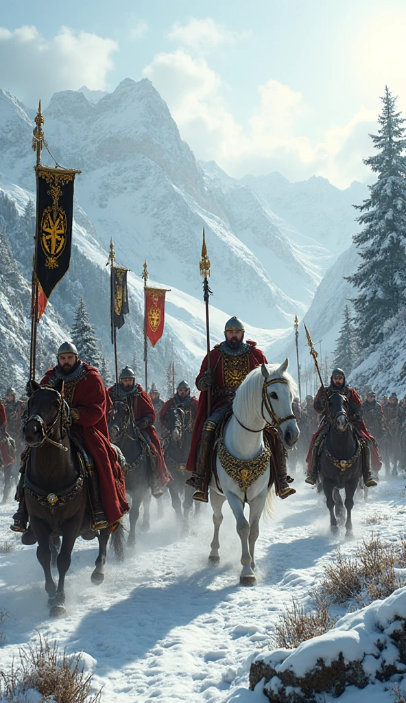 Knights of the Holy Roman Empire advancing through an alpine valley ...