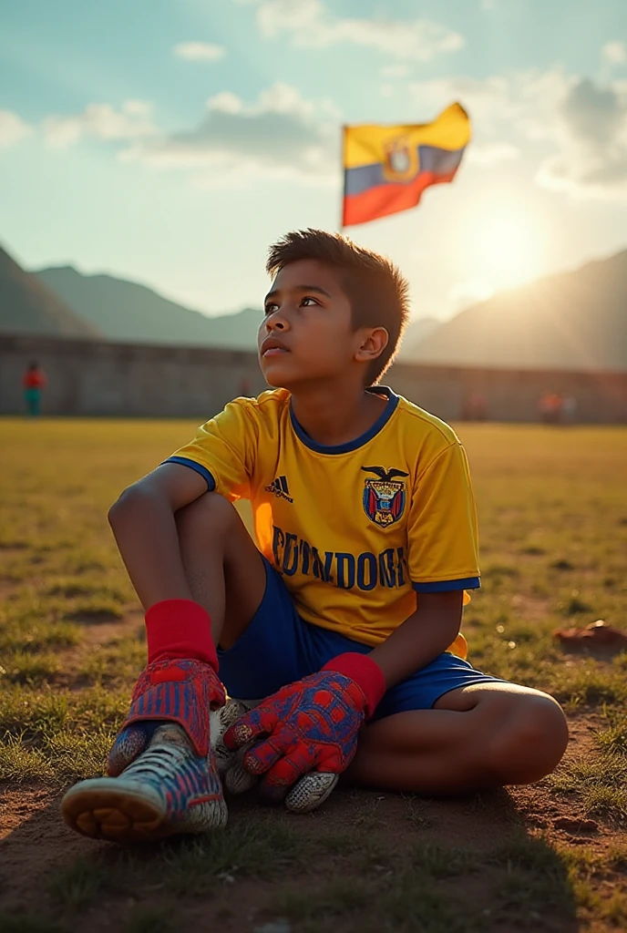 > An Ecuadorian boy sitting on a soccer field, wearing the official ...