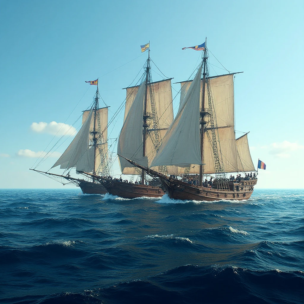 The three Caravels of Columbus sail the ocean with majesty. - SeaArt AI