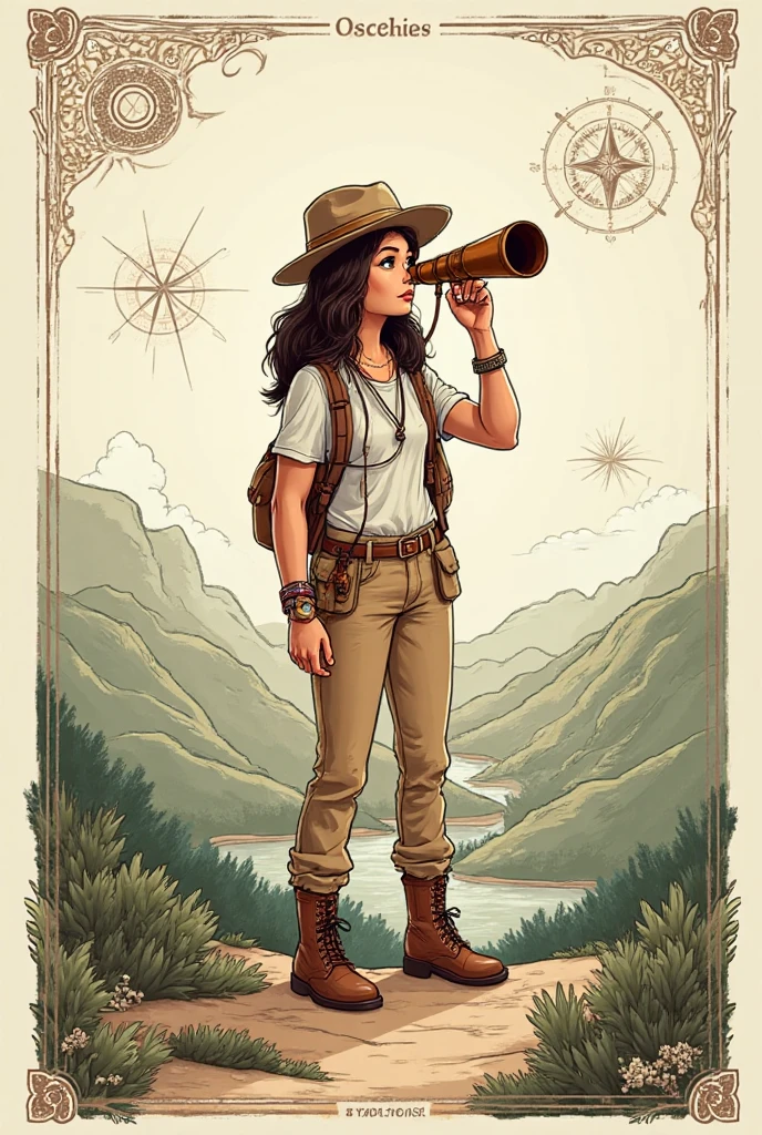 A simplistic cartoon of a female explorer lookinh through a scope ...
