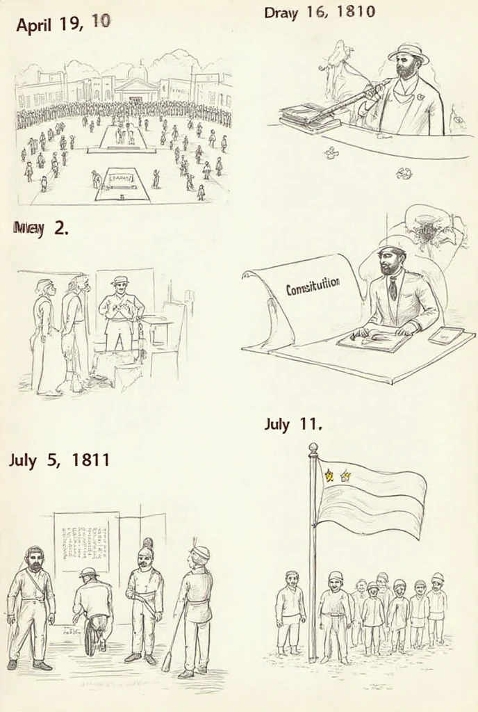 April 19, 1810 Draw a square with people gathered, raising flags or ...
