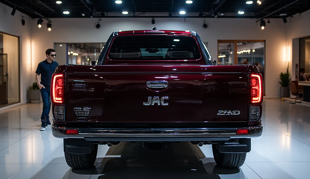 Prompt: > A luxury showroom featuring a dark metallic maroon JAC pickup ...