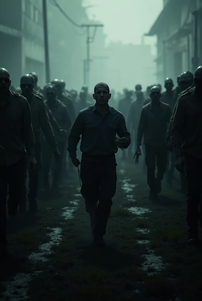 "A man is desperately running away from a surrounding horde of zombies ...