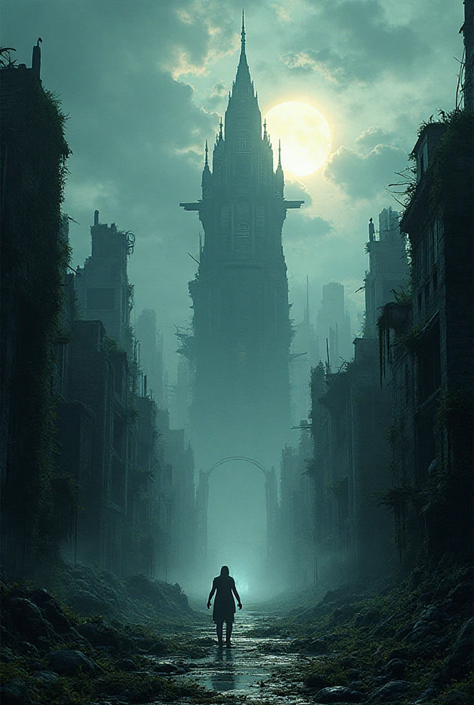 Mist creeping through the streets, collapsed towers, broken floating ...
