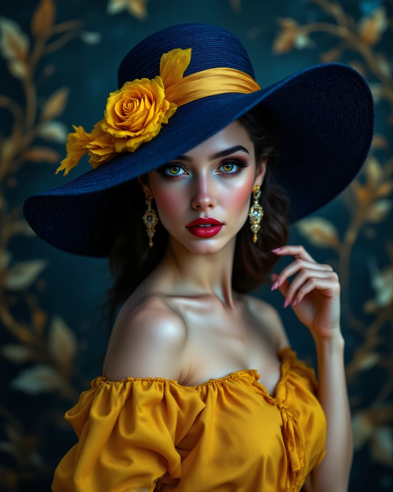 A stunning, elegant woman in a deep navy blue wide-brimmed hat with a ...