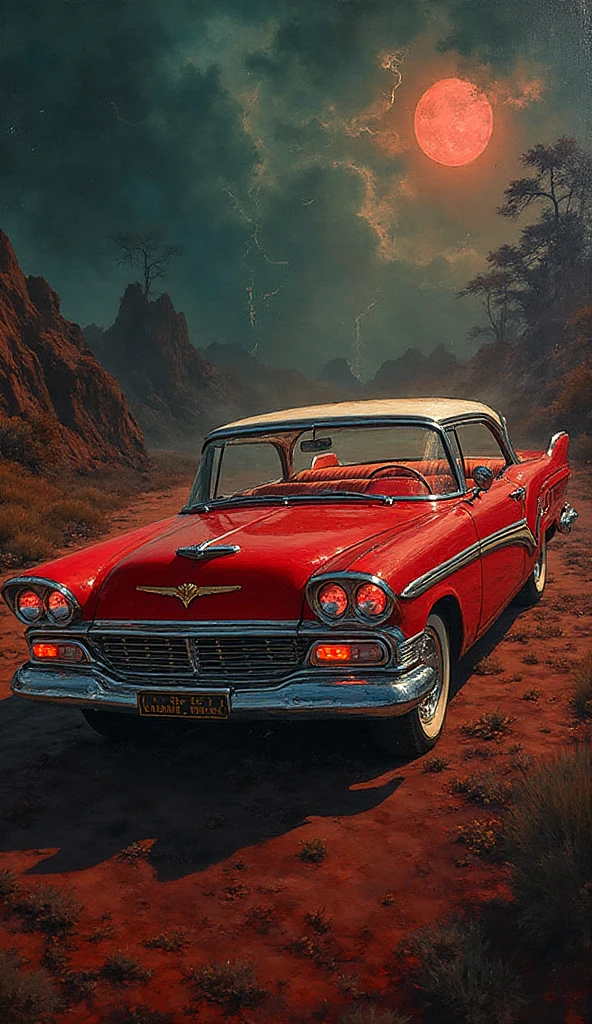 Red classic Christine under the blood moon! 🚗🌕