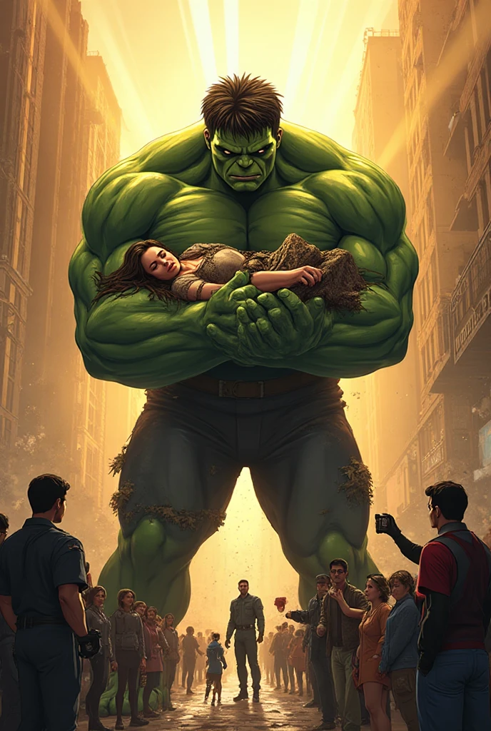 2D emotional superhero rescue illustration of the Hulk tenderly ...
