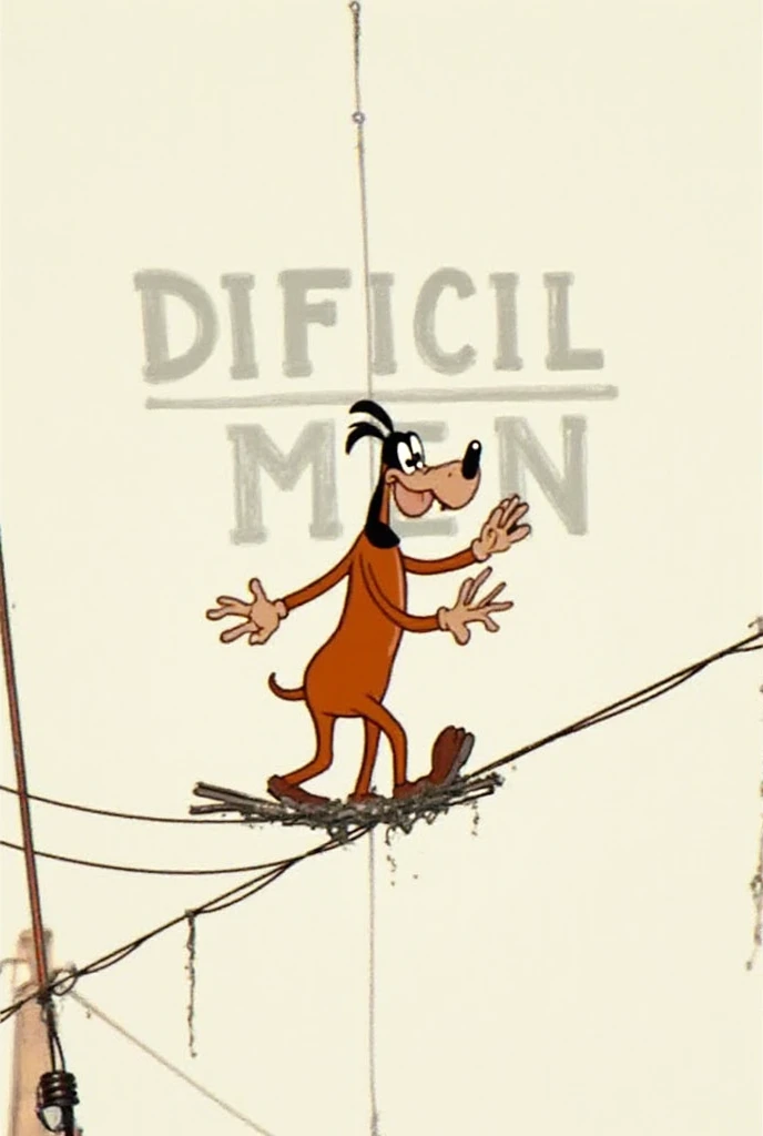 Create a gif of the goofy wobbling on a net with text , Dificil men ...