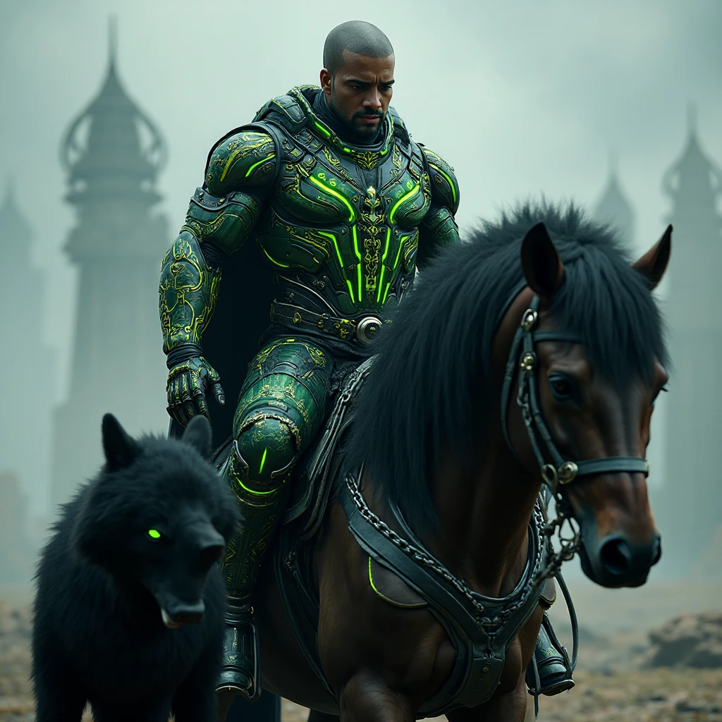 Created an image of a sexy futuristic warrior man sitting on a horse in ...