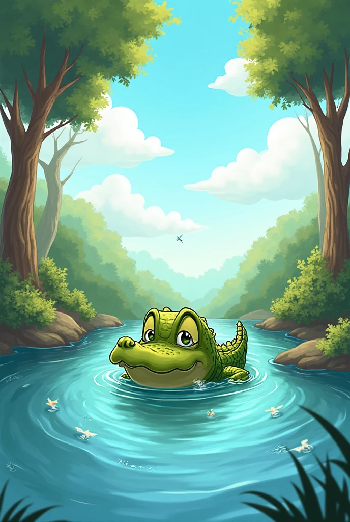 Create a chibi-style illustration of an alligator swimming from the ...