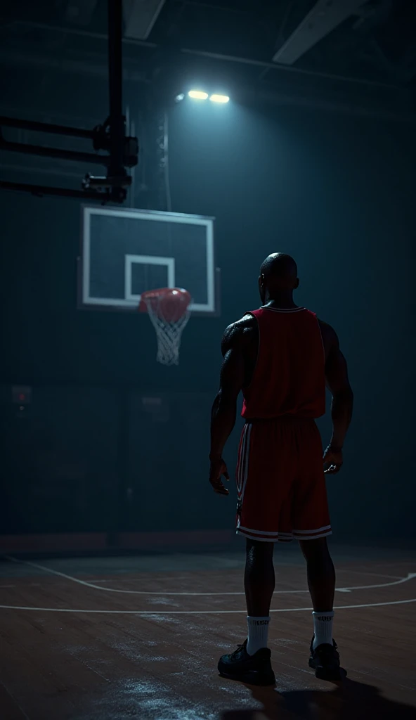 3D cartoon-style night scene of Michael Jordan alone in a dark gym ...