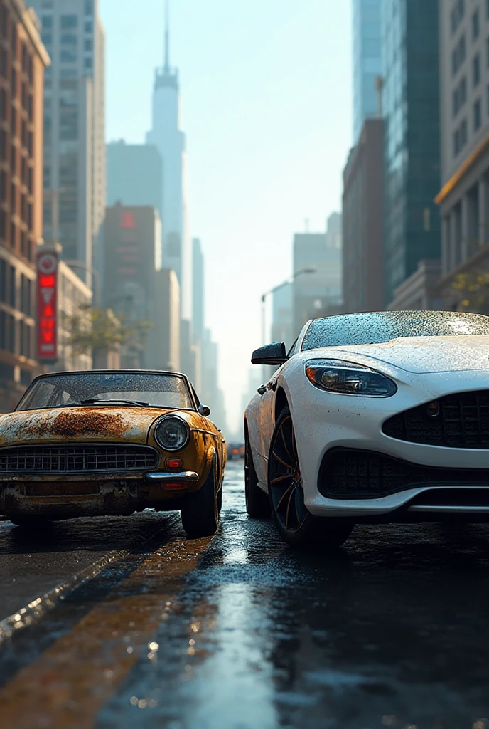 Picture of two cars: one old and one new - SeaArt AI