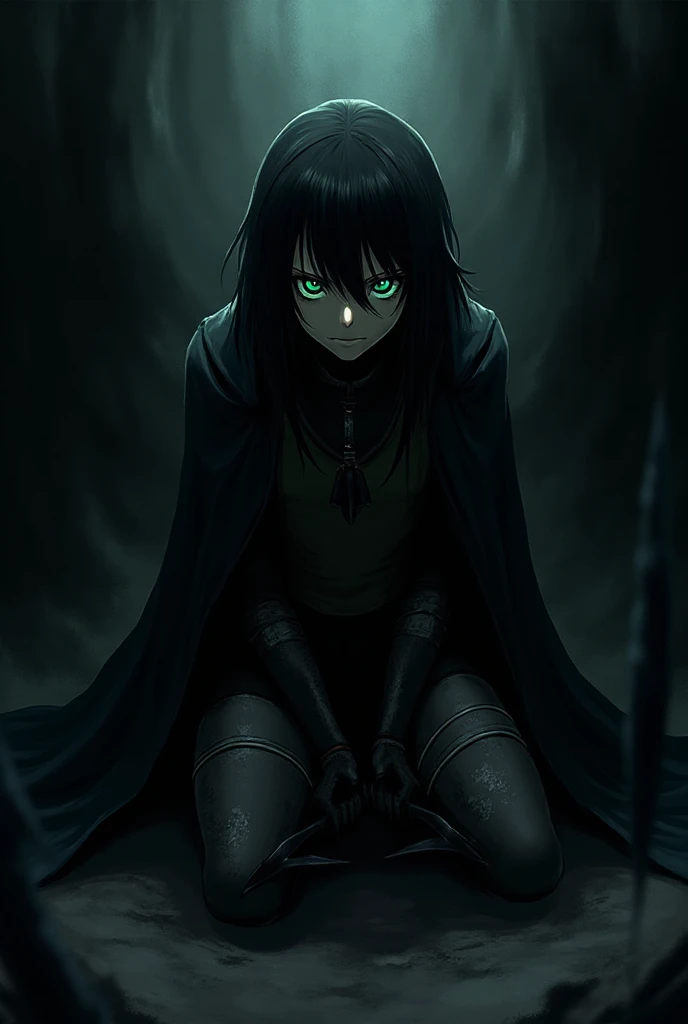An anime character kneeling, holding knifes and wearing very light ...