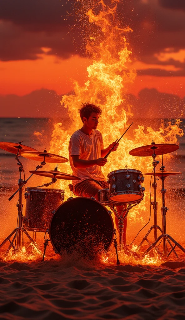 Sandy beach at dusk、A drummer standing alone plays a drum set set up on ...