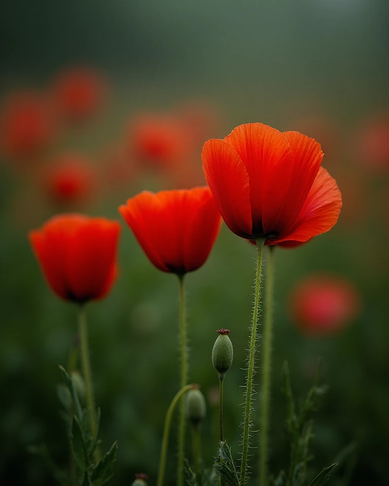 Ultra-sharp photograph of distant red poppies, {quantum sharpness ...