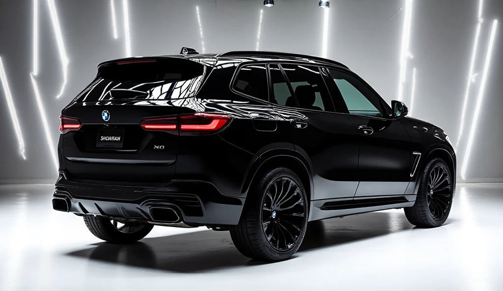 A photo of the back SIDE view of a Black 2026 BMW X10 with a sleek ...
