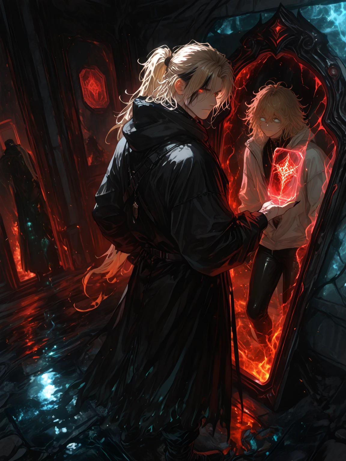 1man, tall middle-aged man, no beard, vibrant black with white Streaks ...