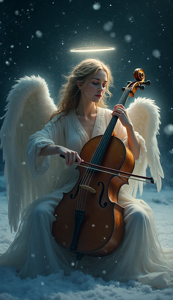 A female angel playing the cello at night under a snowfall.Realistic ...