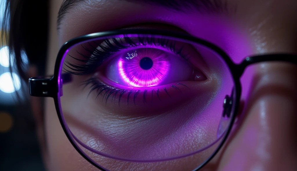 VERY FOREGROUND of the bright purple left eye of an attractive woman ...