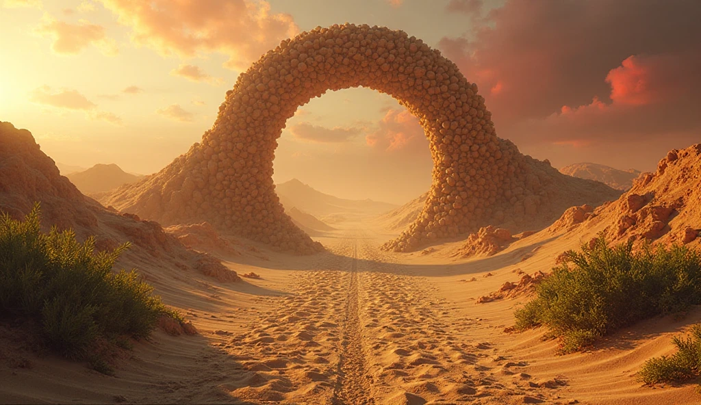 Fantasy oasis, central circular gate made of sand clusters, lush green ...