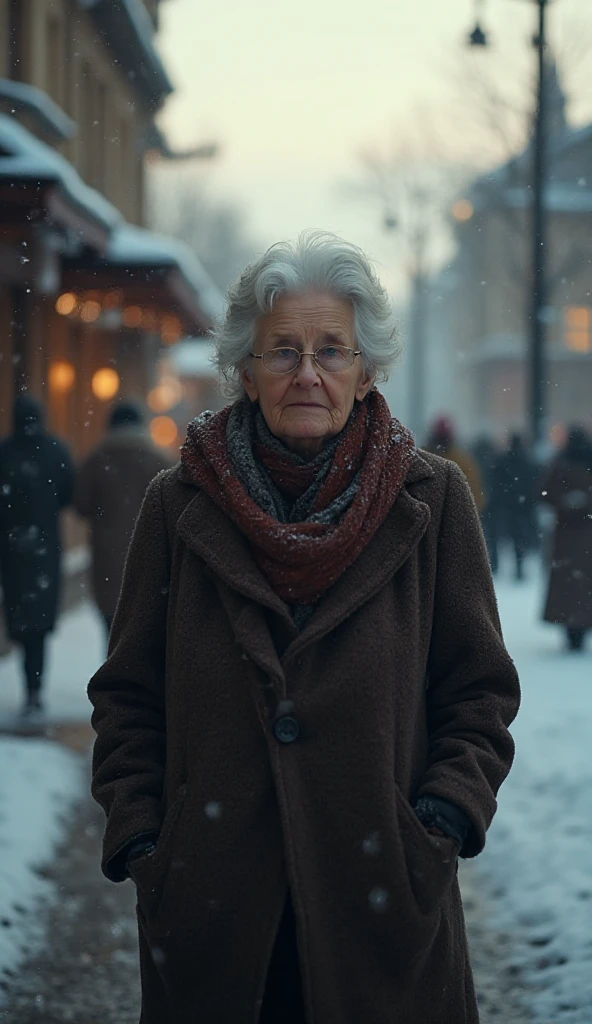 Elderly woman (the mother-in-law) wearing a coat and scarf, walking ...