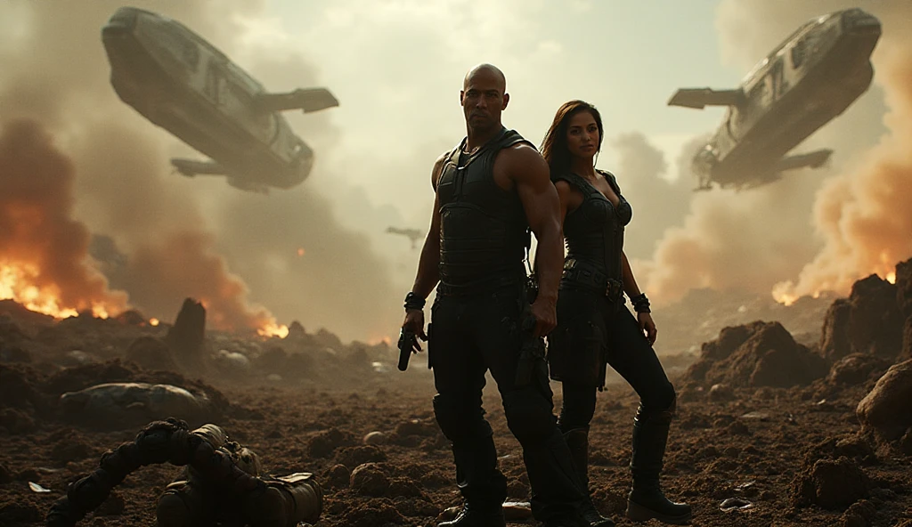 Vin diesel with Ana de Armas in riddick movie standing in battlefield ...