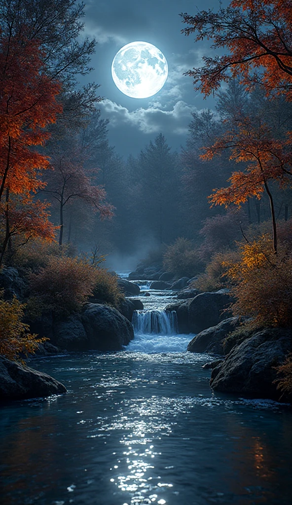 Magical autumn night forest landscape featuring perfectly clear stream ...
